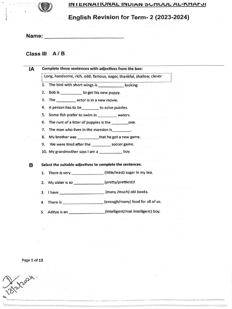 English Worksheet Term-2 | PDF