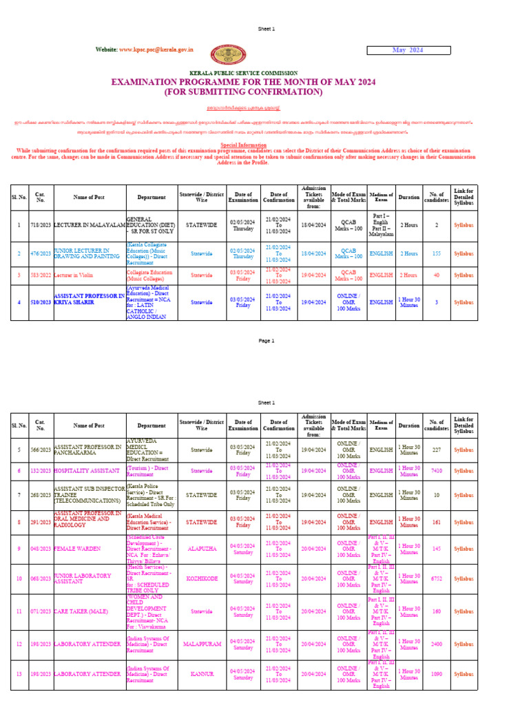 Kerala PSC Exam Schedule May 2024 | PDF | Health Care