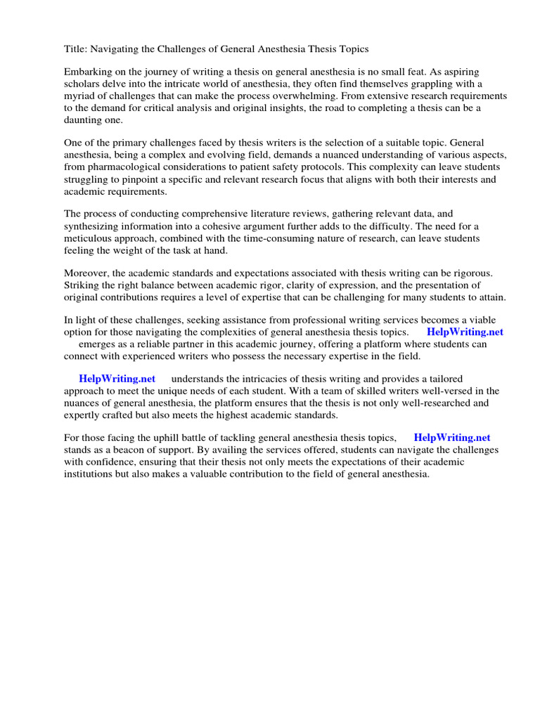 General Anesthesia Thesis Topics | PDF