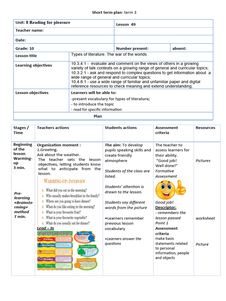 Grade 10 Literature Lesson Plans | PDF | Vocabulary | Learning