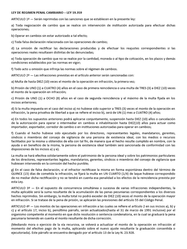 LEY DE REGIMEN PENAL CAMBIARIO | PDF | Multa (pena) | Sentencia (ley)
