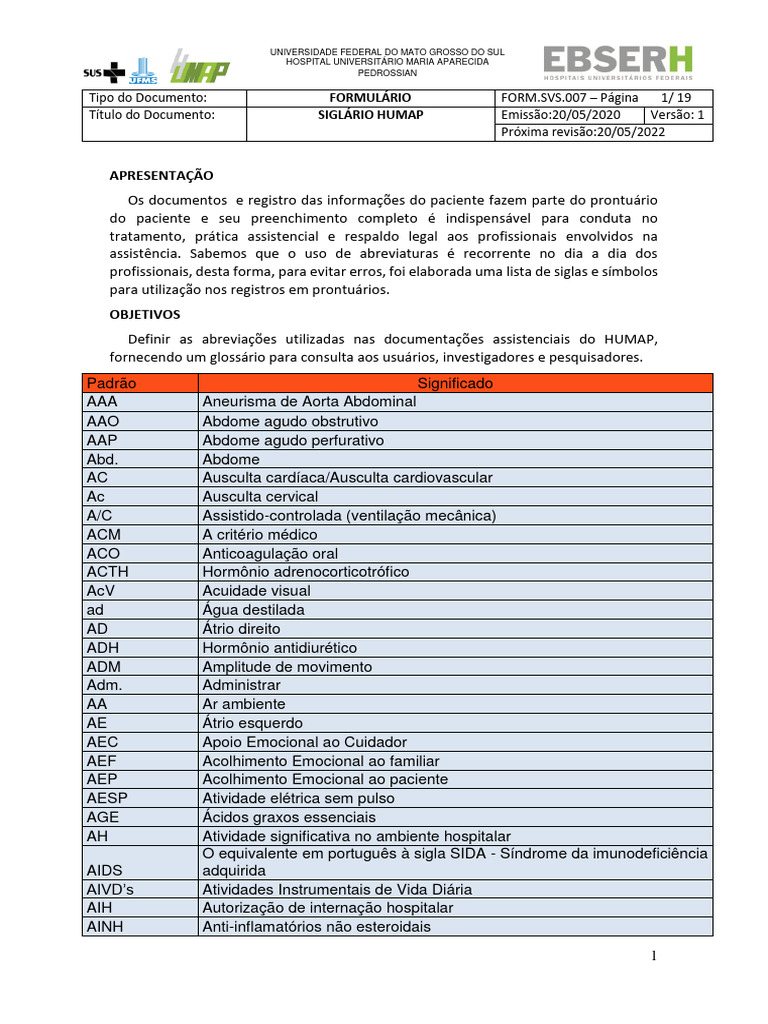 Siglário de Enfermagem HUMAP | PDF | Veia | AVC