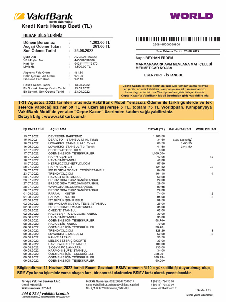 Vakif Bank Kredi Karti Hesap Ozeti | PDF