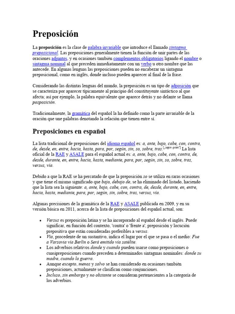 Las Preposiciones | PDF | Preposición y Postposición | Lingüística