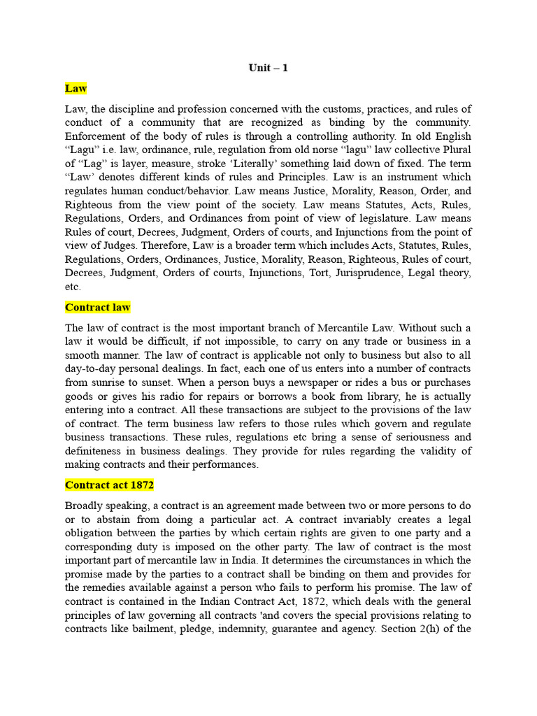 Unit - 1 | PDF | Consideration | Offer And Acceptance