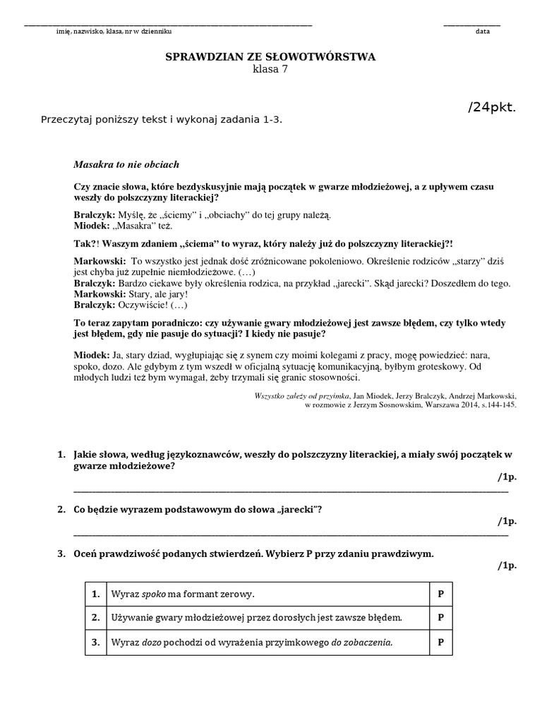 Test Ze Słowotwórstwa - Klasa VII | PDF
