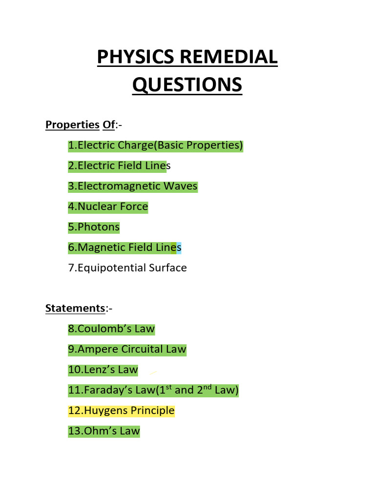 Physics Remedial Questions | PDF | Magnetic Field | Quantity