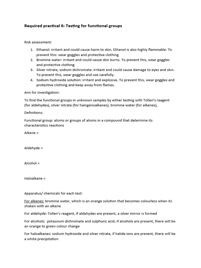 Required Practical 6 Testing For Functional Groups | PDF | Aldehyde ...