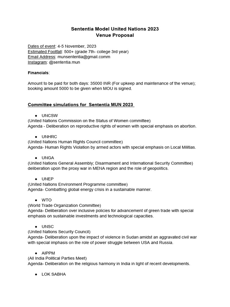 Sententia MUN Venue Proposal | PDF | United Nations | International Relations