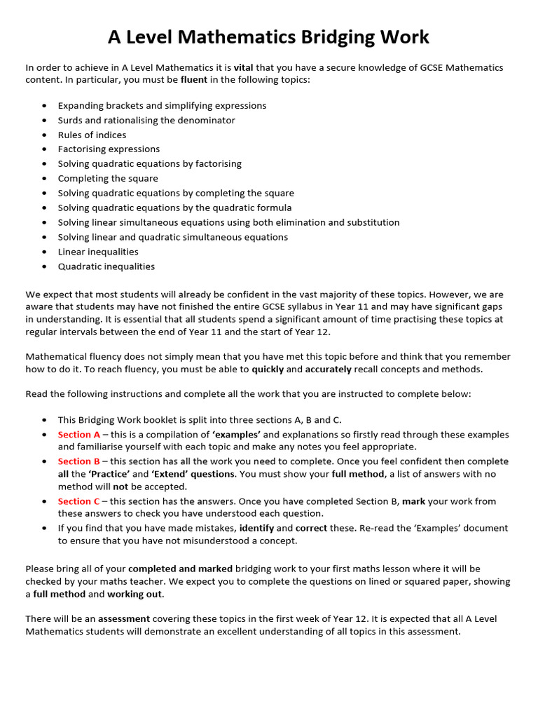 A Level Mathematics Bridging Work2 | PDF