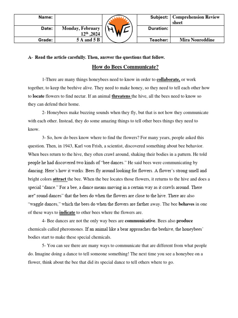 Grade - 5 - Comprehension Review Sheet 6 | PDF