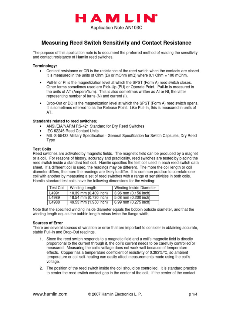 AN103C - Measuring Reed Switch Sensitivity and Contact Resistance | PDF