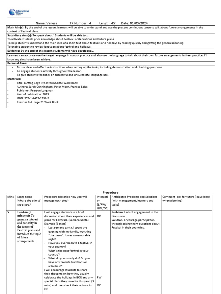 Lesson plan 4 Grammar Pre intermediate Celta | PDF