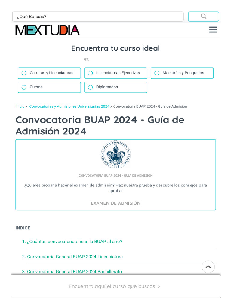 Convocatoria BUAP 2024 - Guía de Admisión Fechas + Examen + PR | PDF