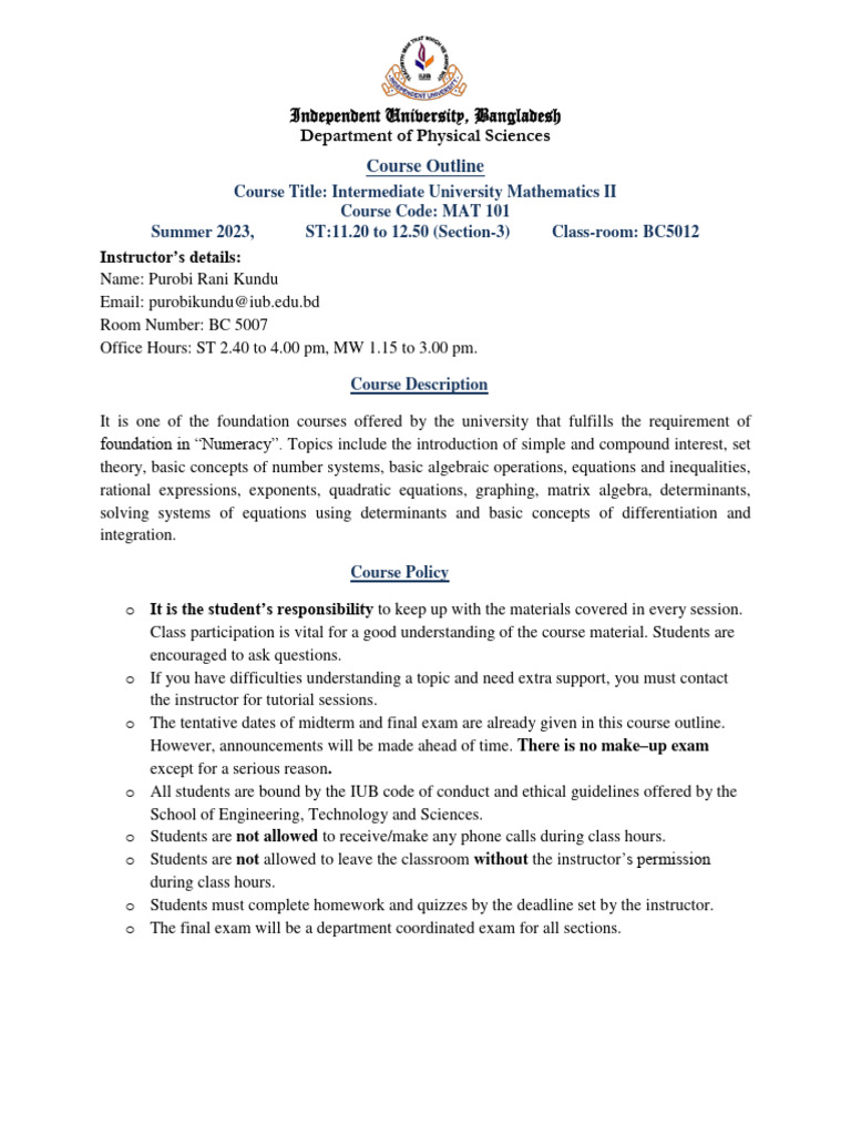 MAT 101 Course Outline Summer 2023 | PDF