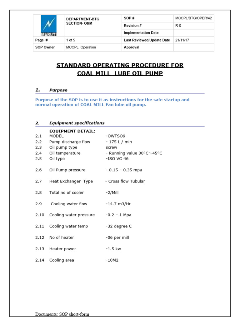 MCCPLBTGOPER 042 - SOP For COAL MILL LOP | PDF | Pump | Lubricant