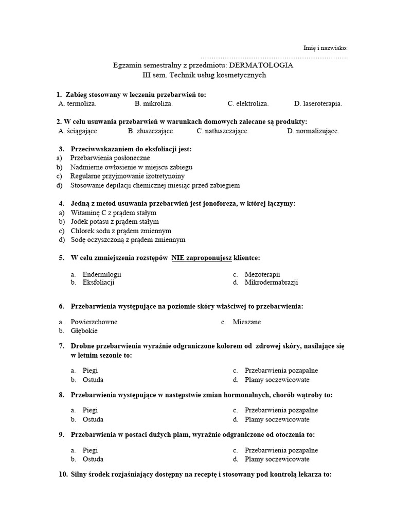 Egz Semestralny Dermatoligia III K | PDF