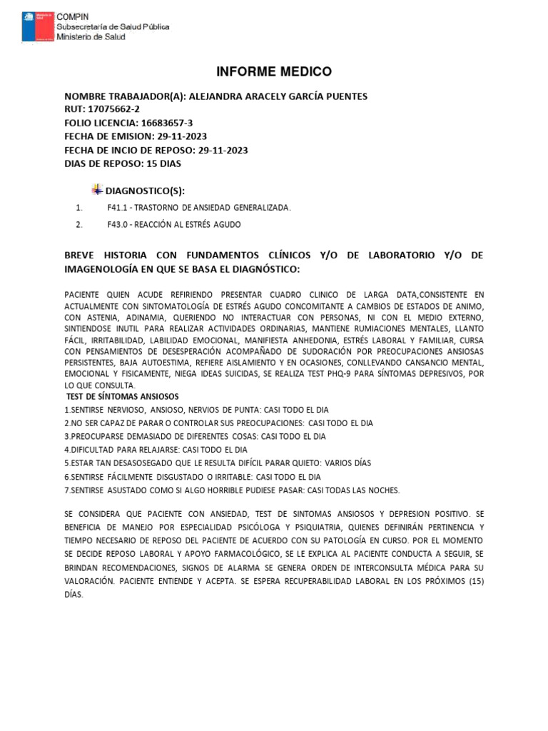Informe Médico de Ansiedad y Estrés | PDF | Ansiedad | Depresión ...