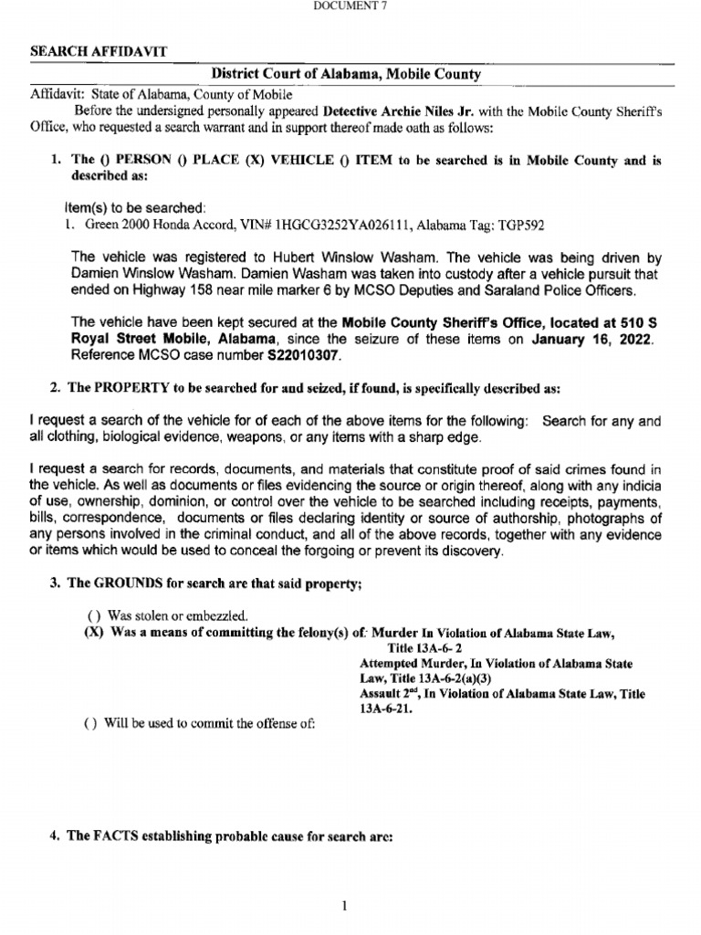 Damien Washam Probable Cause Affidavit | PDF