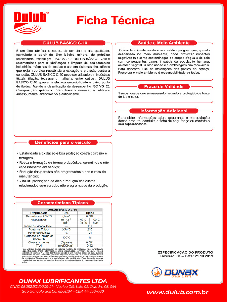 Ficha Técnica - Dulub Basico C-10 | PDF | Óleo de motor | Desperdício