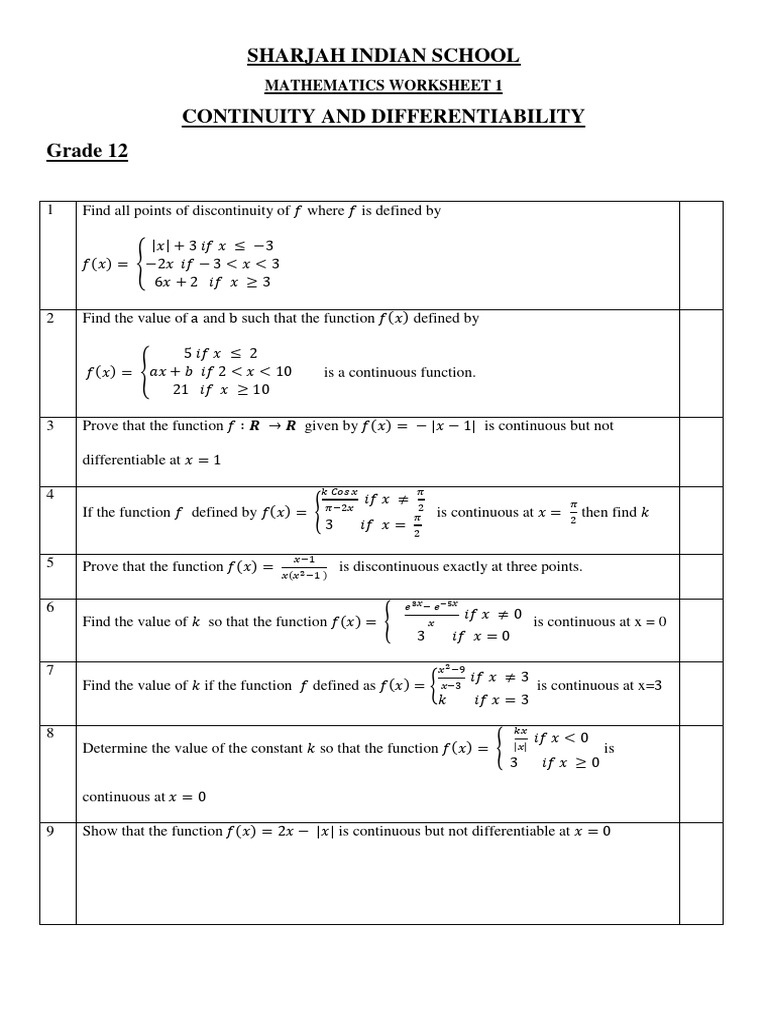 Worksheet - 1 - Continuity ( April 2023 ) (2) | PDF | Continuous Function | Function (Mathematics)