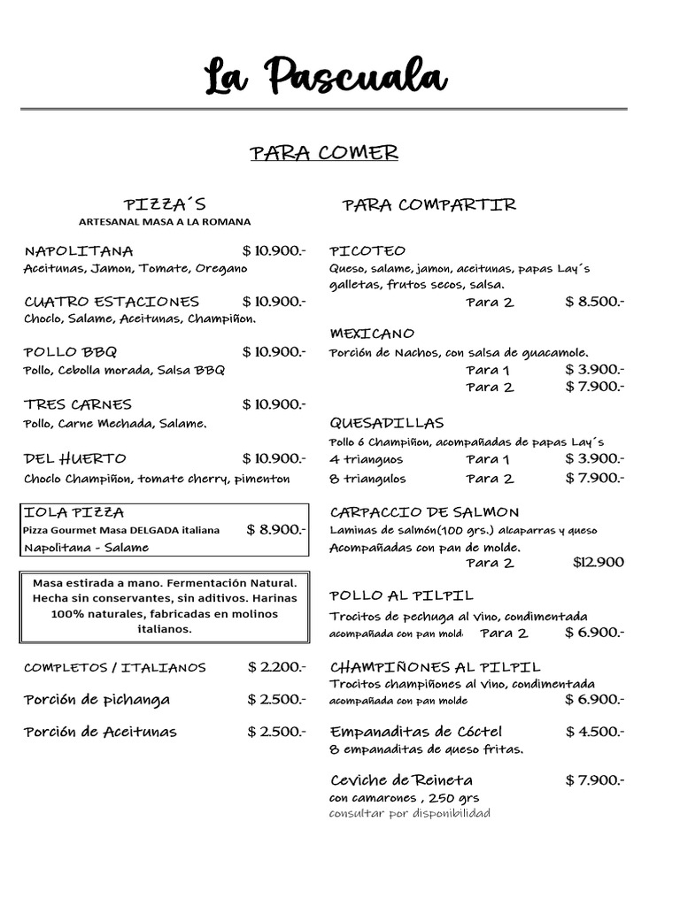 Menu La Pascuala | PDF | Pizza | Alimentos