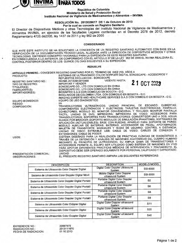 Invima Ecografos Sonoscape Series S2-S6-S11-S20-S40 2013DM-10489 | PDF