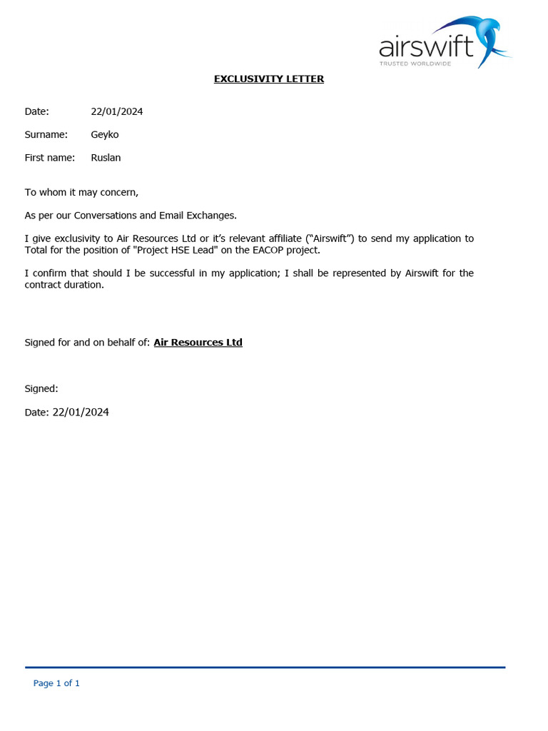 Letter of Exclusivity - EACOP | PDF