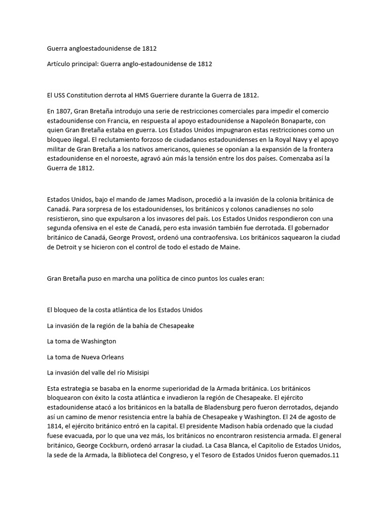 Guerra Angloestadounidense de 1812 | PDF | Viajes y turismo