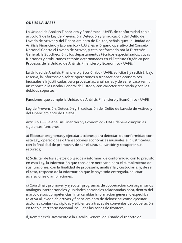 Funciones de la UAFE en Ecuador | PDF