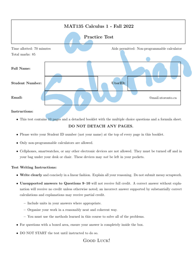 Mat135 f22 Test Practice Solution | PDF