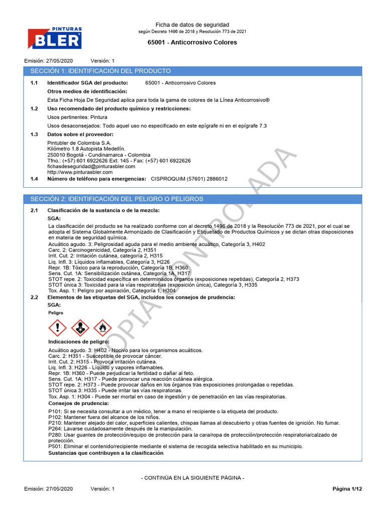 Ficha de Datos de Seguridad de 65001 - Anticorrosivo Colores | Descargar gratis PDF | Seguridad ...