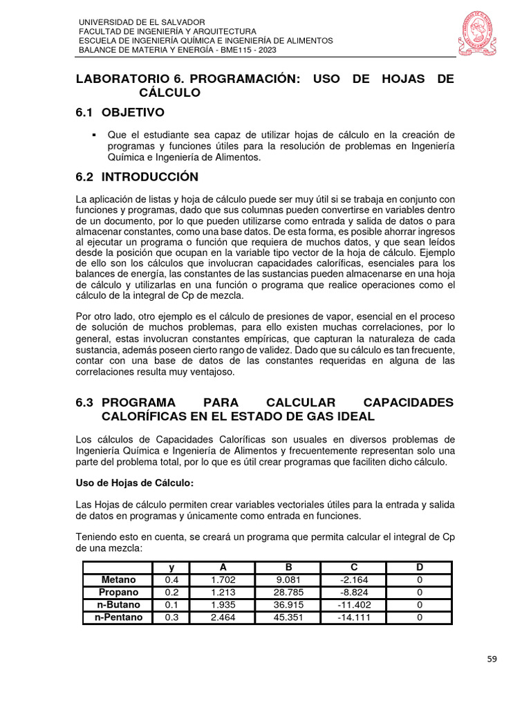 LAB 6 - Programación-Uso de Hojas de Cálculo | PDF | Hoja de cálculo | Entalpía