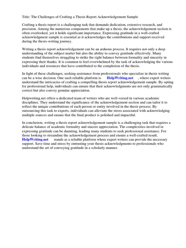 Thesis Report Acknowledgement Sample | PDF
