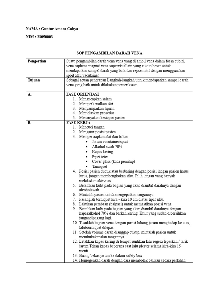 Sop Pengambilan Darah Vena Guntur Amara | PDF
