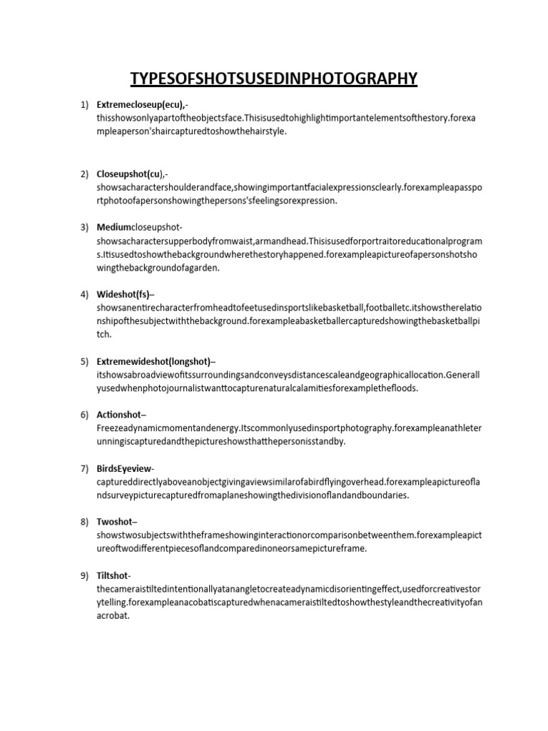 Types of Shots Used in Photography | PDF | History