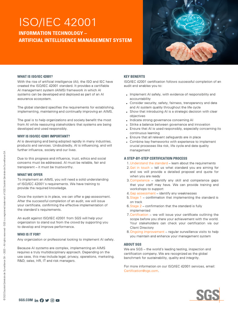 SGS KN ISOIEC 42001 Artificial Intelligence AI Management System Product Sheet EN | PDF ...