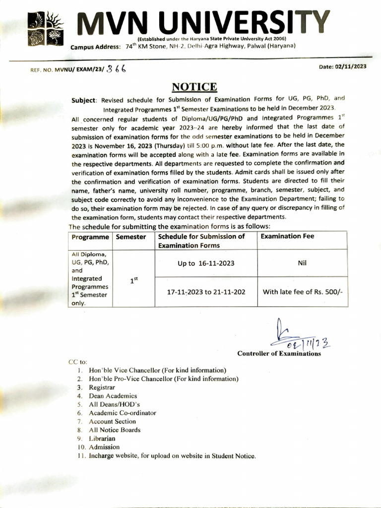 Notice For Revised Schedule 1st Sem. Exam. Form | PDF