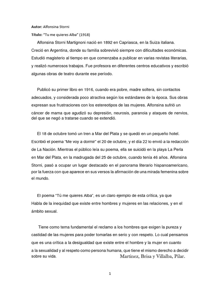 Tu Me Quieres Alba - Alfonsina Storni | PDF