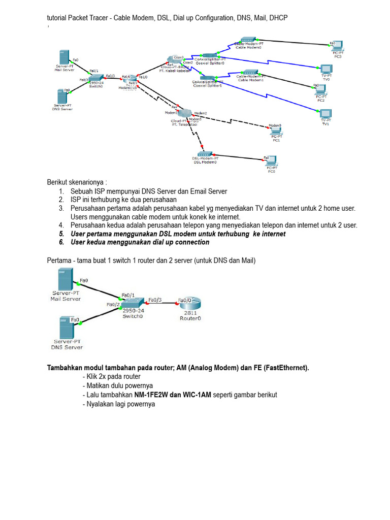 Tutorial Packet Tracer - Cable Modem, DSL, Dial Up Configuration, DNS, Mail, DHCP-1 | PDF | Komputer
