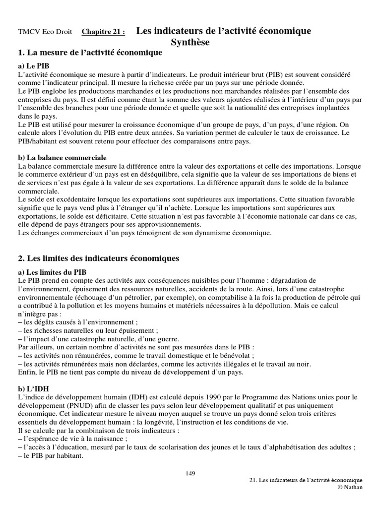 CH 21 Indicateurs de l' Activité Économique Synthèse Du Corrigé | PDF ...