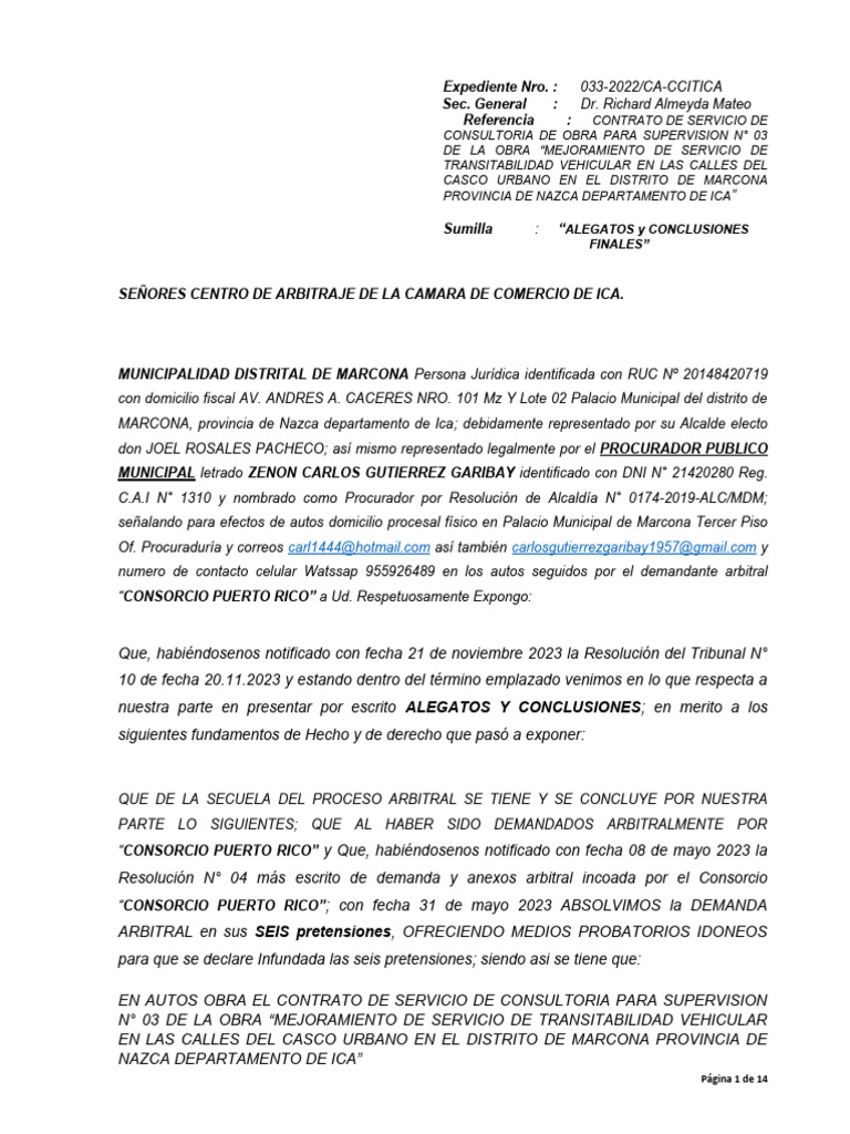 Alegatos Arbitral - Consorcio Puerto Rico Exp. 033-2022 | PDF ...