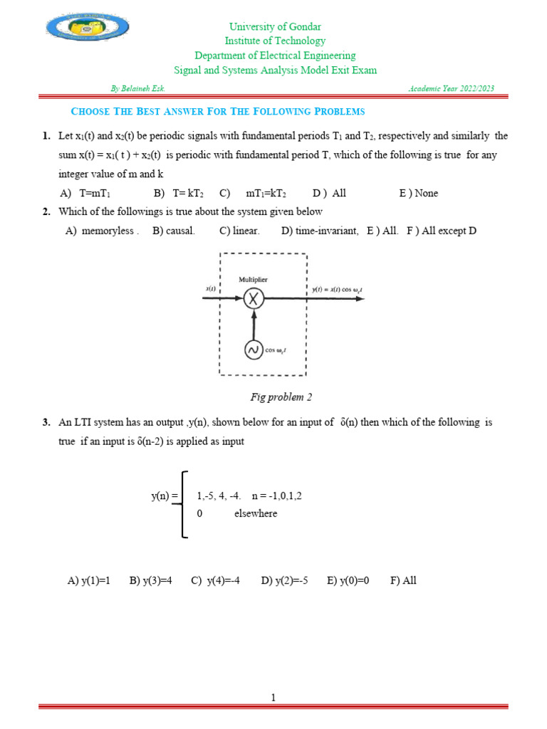 Signal and Systems Analysis Model Exit Exam | PDF | Computer Science | Signal Processing