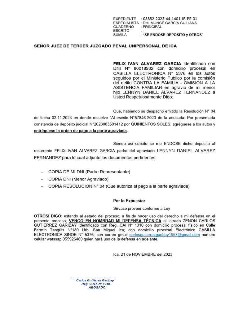 ESCRITO PENAL LENNYN ALVAREZ Exp. 3852-2023 | PDF