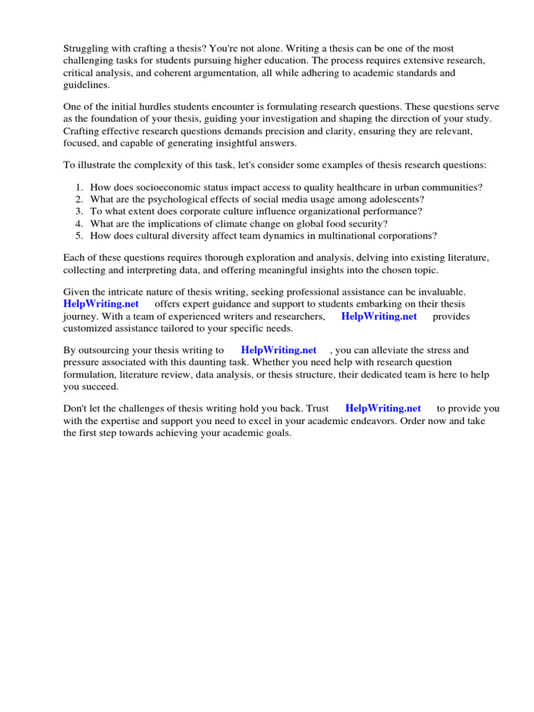Examples of Thesis Research Questions | PDF | Thesis | Essays