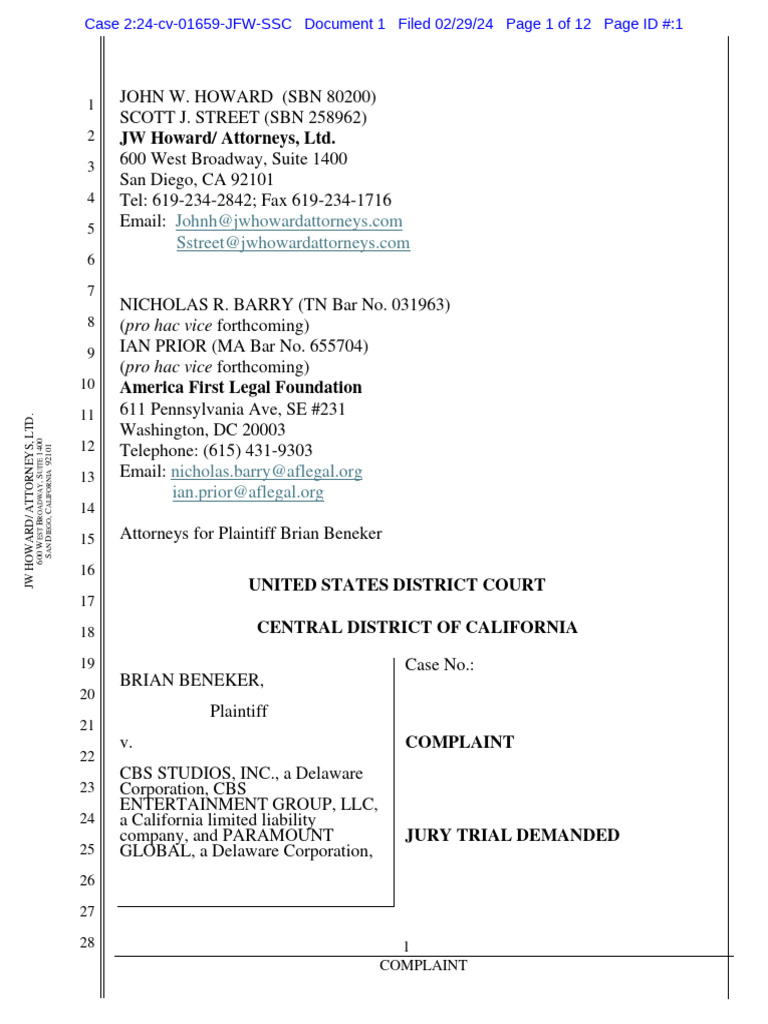 Beneker v. CBS | PDF | Legal Remedy | Complaint