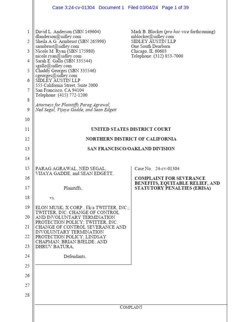 Agrawal et al v. Elon Musk et al | PDF | Lawsuit | Employment