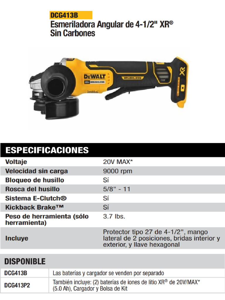 Ficha Tecnica Amoladora Angular Dewalt DCG413 B2 | PDF