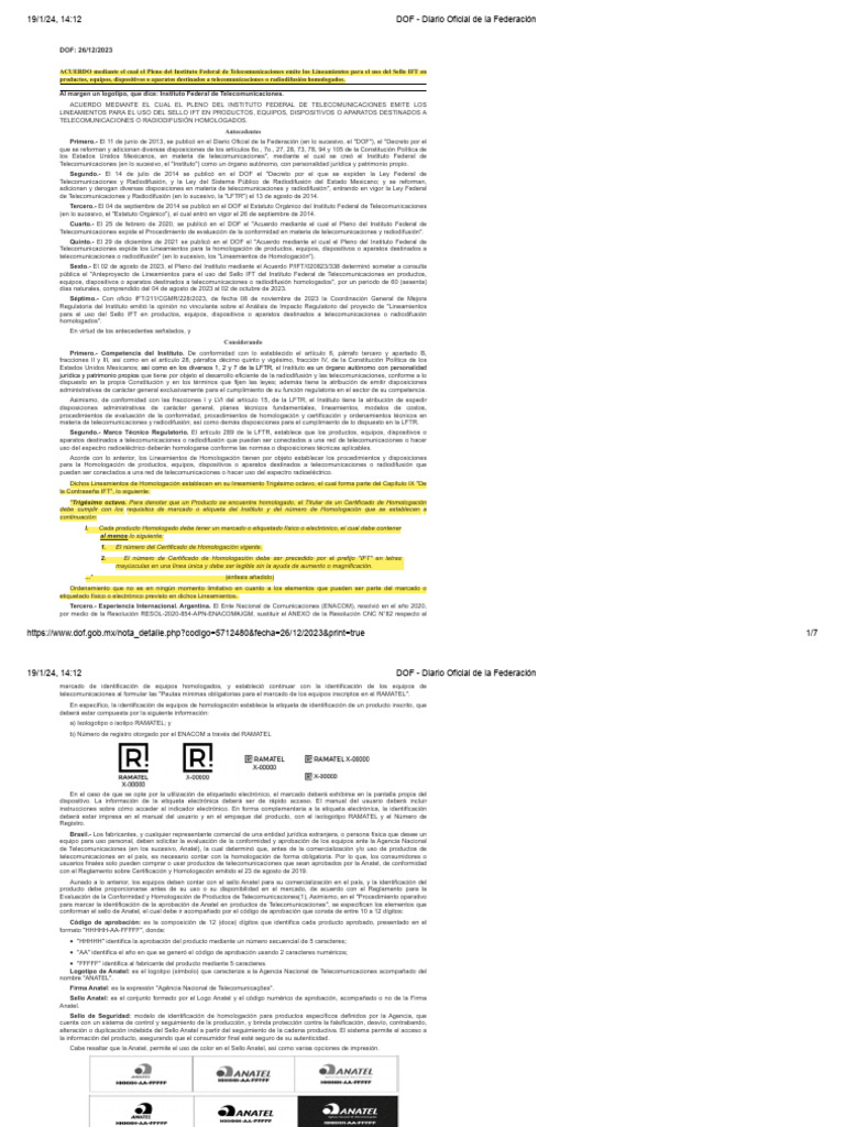 Dof - Ift Sello Obligatorio | PDF | Telecomunicaciones | Industrias de servicio