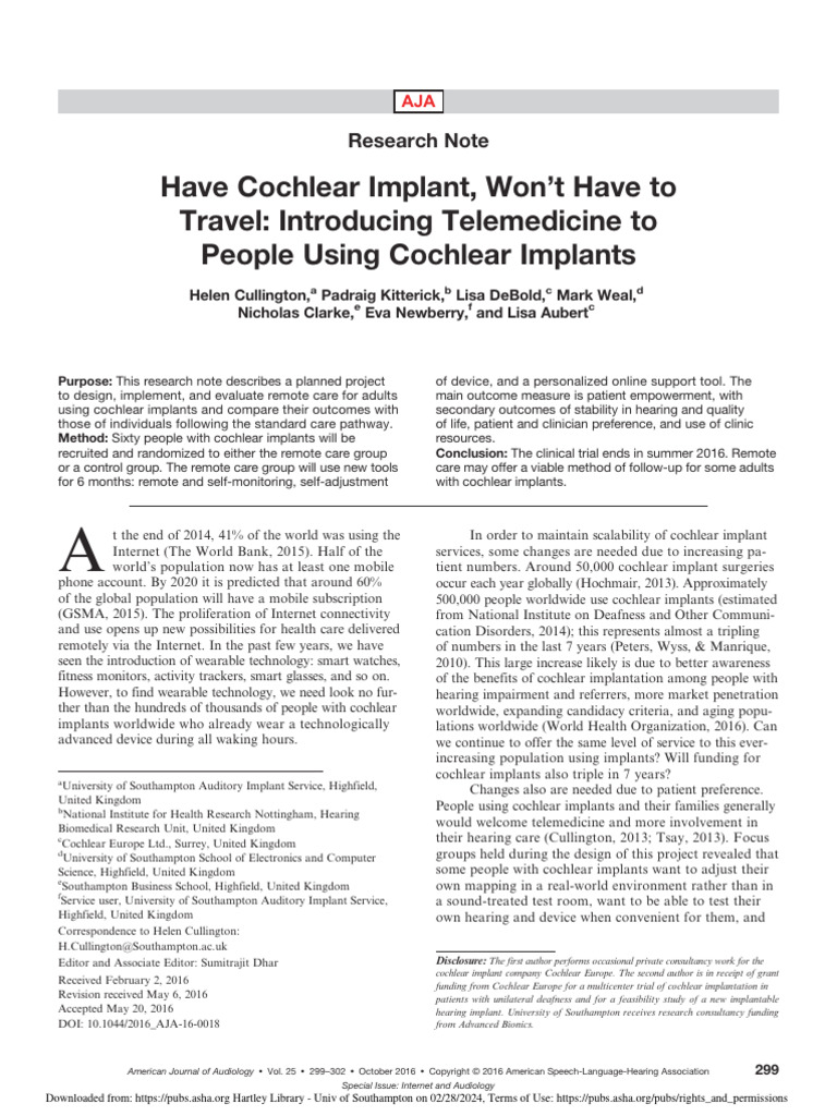 Cullington Et Al 2018 Have Cochlear Implant Won T Have To Travel Introducing Telemedicine To ...